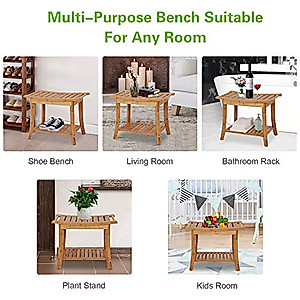 Kinlife Bamboo Shower Bench Bathroom Seat with Storage Shelf Wood Spa Bath Organizer Stool for Indoor