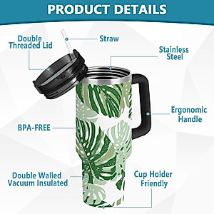 Yasala Car Tumbler with Handle Botanical Palm Leaves Travel Mug Coffee Cup Insulated Beverage Container Mega Cup for Hot Cold Drinking Thermos Water Bottle Cupholder Friendly 40 oz
