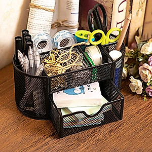 Wellerly Desk Organizer, Office Supplies Pen Holder Organizers Multi-Functional Mesh Desk Organization Storage with 8 Compartments and 1 Drawer Stationery Caddy Oval for Office School Home Supply