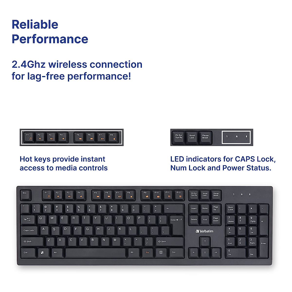 Verbatim Slimline Wireless Keyboard 2.4GHz USB Plug-and-Play Numeric Keypad Adjustable Tilt Legs Wireless Full-Size Computer Keyboard Compatible with PC, Laptop -Frustration Free Packaging Black 70738