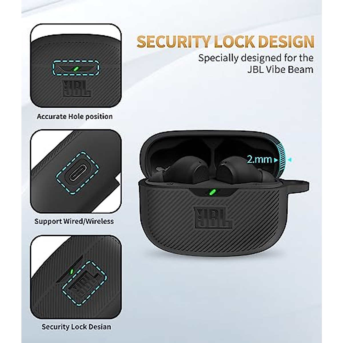 Alquar for JBL Vibe 200TWS Case Cover, Silicone Protective Portable Scratch Shock Cover Compatible with JBL Vibe Beam/JBL Vibe 200TWS True Wireless Headphones Charging Case with Carabiner(Black)