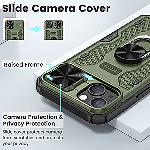 Caka for iPhone 13 Case, iPhone 14 Case with Camera Cover & Kickstand, Built-in 360°Rotate Ring Stand with Camera Lens Protection Magnetic Magnet Protective Phone Case for iPhone 13 iPhone 14-Green