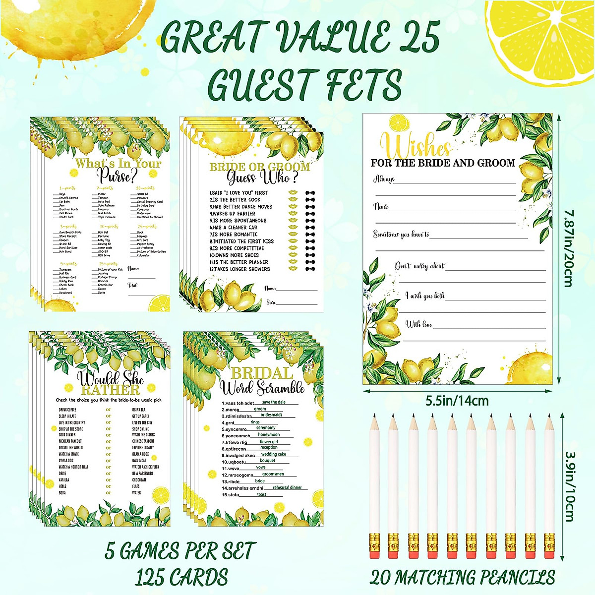 145 Pieces Lemon Bridal Shower Game Bridal Shower Favors Wedding Shower Games Set Include Wedding Games Cards and Pencils for Bride Groom Bachelorette Party Wedding Shower Party Favor