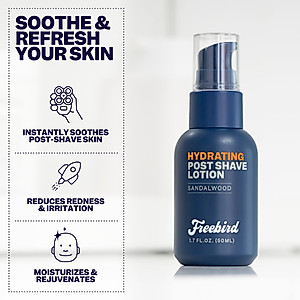 Freebird Post Shave Lotion for Men - 50mL Cooling Aftershave Gel with Natural Sandalwood Scent, Soothes, Moisturizes, and Protects Against Razor Burn, Dryness, Ideal for Sensitive Skin, Travel Size
