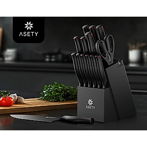 ASETY Knife Set, 15 PCS Kitchen knife Set with Bulti-in Sharpener Block, Stainless Steel Knife Block Set, Dishwasher Safe Knives Sets for Kitchen, Black, Elegant Box