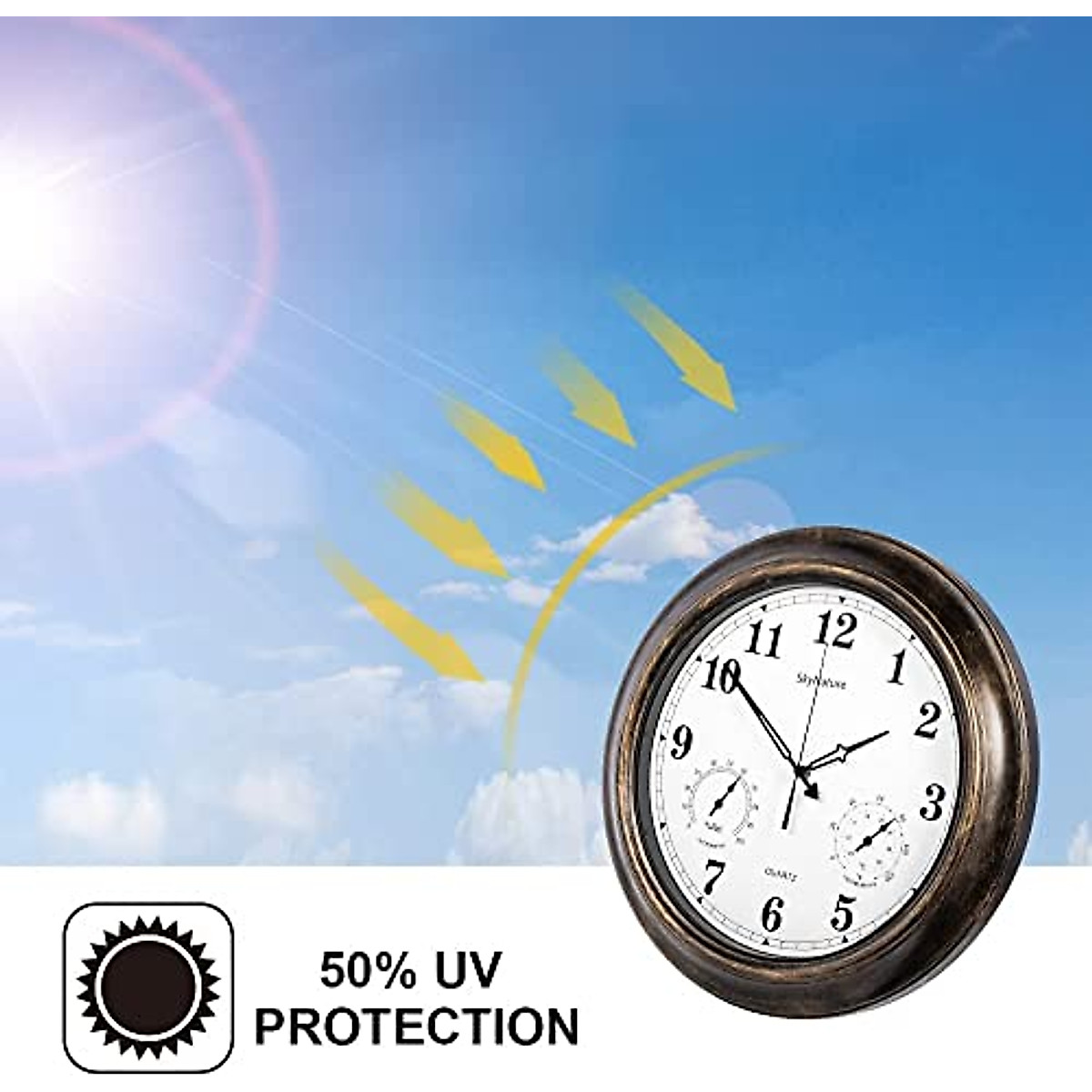 SkyNature Outdoor Clocks, 18 Inch Large Indoor Outdoor Wall Clock Waterproof with Temperature and Humidity, Silent Metal Pool Clock for Garden, Patio, Fence