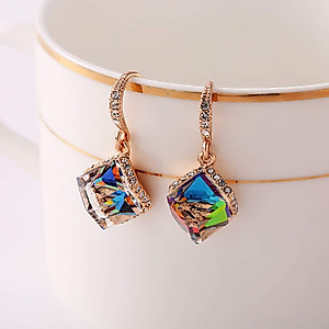 Austrian Crystal Cube Drop Dangle Earrings for Women 14K Gold Plated Hypoallergenic Jewelry (Rainbow/Rose Gold-tone)