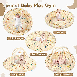 Patywaga 5 in 1 Thick and Plush Play Gym, Tummy Time Mat, Play Mat for Babies and Toddlers, Activity Gym, Baby Activity Center from Baby to Toddler, Ball Pit, Soft Plush Pet Bed, with 5 Toys(Beige)