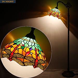 WERFACTORY Tiffany Floor Lamp Green Yellow Stained Glass Dragonfly Arch Lamp 12X18X64 Inch Gooseneck Adjustable Corner Standing Reading Light Decor Bedroom Living Room S009G Series
