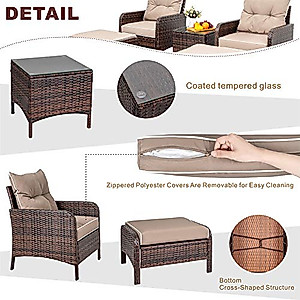 Vongrasig 5 Piece Wicker Patio Conversation Set, PE Wicker Rattan Outdoor Lounge Chairs Set of 2 with Soft Cushions, Ottomans and Glass Table for Porch, Garden, Brown
