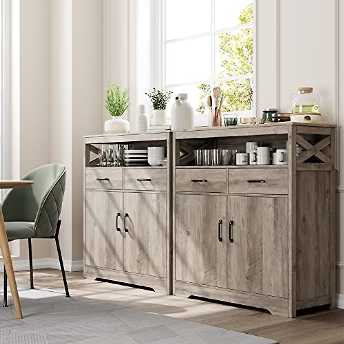 HOSTACK Modern Farmhouse Buffet Sideboard, Kitchen Storage Cabinet with Shelves and Doors, Wood Buffet Cabinet with Drawers, Coffee Bar, Floor Cabinet Cupboard for Dining Room, Ash Grey