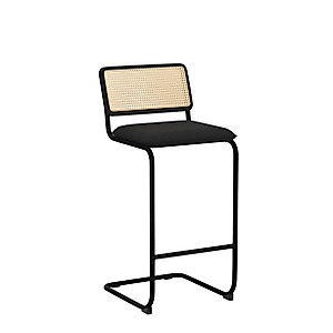 ONEVOG Boucle Rattan Bar Stools Set of 2, 29'' Bar Height Stools with Natural Cane Back, Solid Wood Frame Bar Chairs with Chrome Legs, Cantilevered Design Upholstered Stools, Black