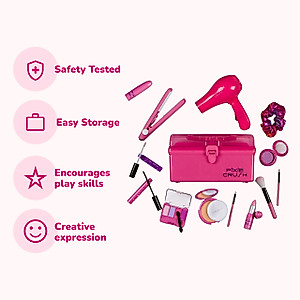 PixieCrush Kids Makeup Kit for Girls - with Pretend Hair Dryer and Flat Iron - Play Hair Styling Kit for Kids and Little Girls - Ages 3, 4, 5, 6, 7, 8, 9, 10 - Comes in a Pink Carrying Case