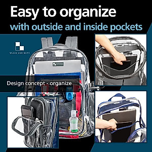 Heavy Duty Clear Backpack with Mesh Organizer, Clear Bookbag (Large, Black)