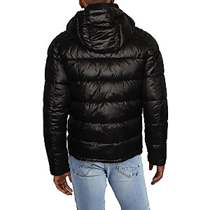 GUESS mens Mid-weight Puffer Jacket With Removable Hood Down Alternative Coat, Black, Medium US