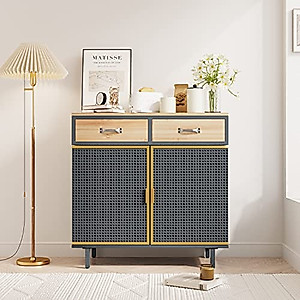 ZeHuoGe 31.5'' Accent Cabinet Sideboard Buffet, Iron Rattan Console Televison Table with Pop-up Doors, 2-Tier Storage Cabinet Buffet Sideboard (Gray)