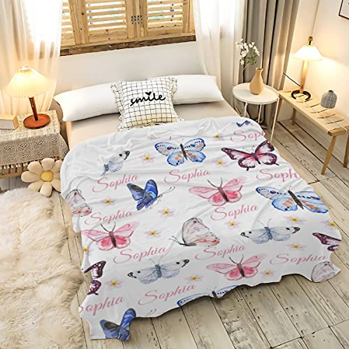 AMITAYUS Custom Blanket with Name Butterfly Personalized Gifts for Men Women Adults Kids Boys Girls Customized Throws Christmas Birthday Mothers Fathers Valentine's Day Gift 60"x50" for Teens
