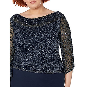 J Kara Women's Plus Size Long Beaded Dress with Cowl Neck, Navy/Mercury, 20W