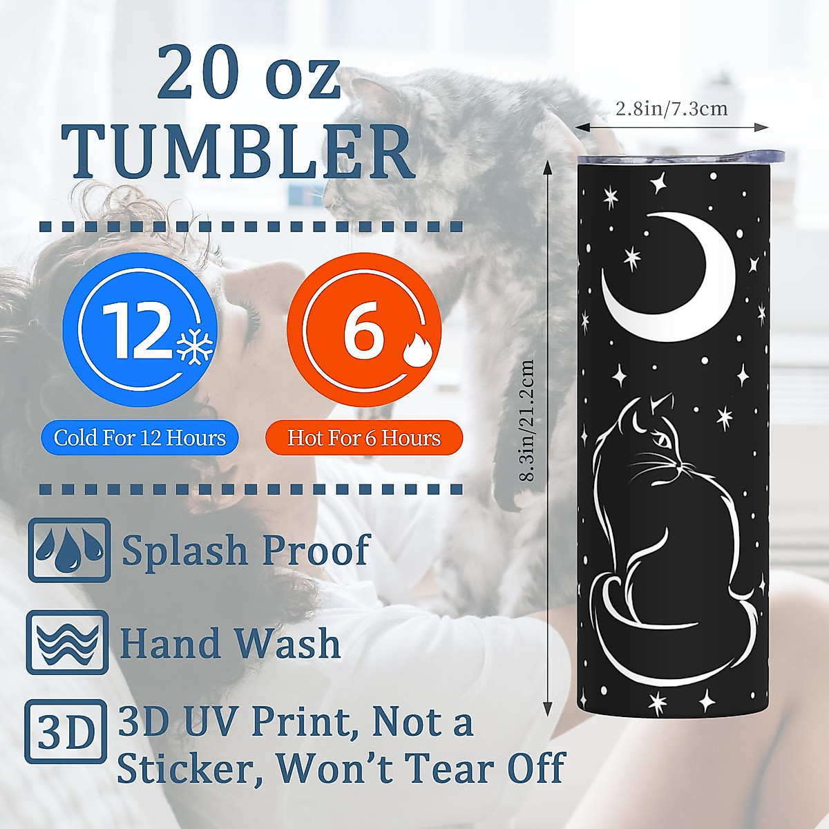 Srucddu 20oz Black Cat Moon Cat Insulated Tumbler With Lid And Straw, 3d Print Vacuum Cat Travel Mug Stainless Steel Coffee Tumbler Cup, Cat Gifts Cat Lover Tumbler for Cat Mom Women Girl