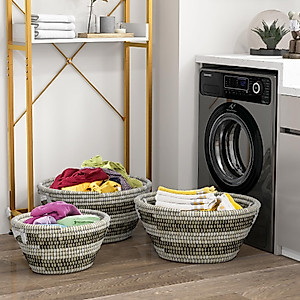 Giantex Woven Laundry Basket 24"/20"/16"- Set of 3 Stackable Storage Baskets with Handles, Large Oval Kans Grass Woven Baskets Laundry Hamper for Throw Blanket Clothes Living Room Bedroom
