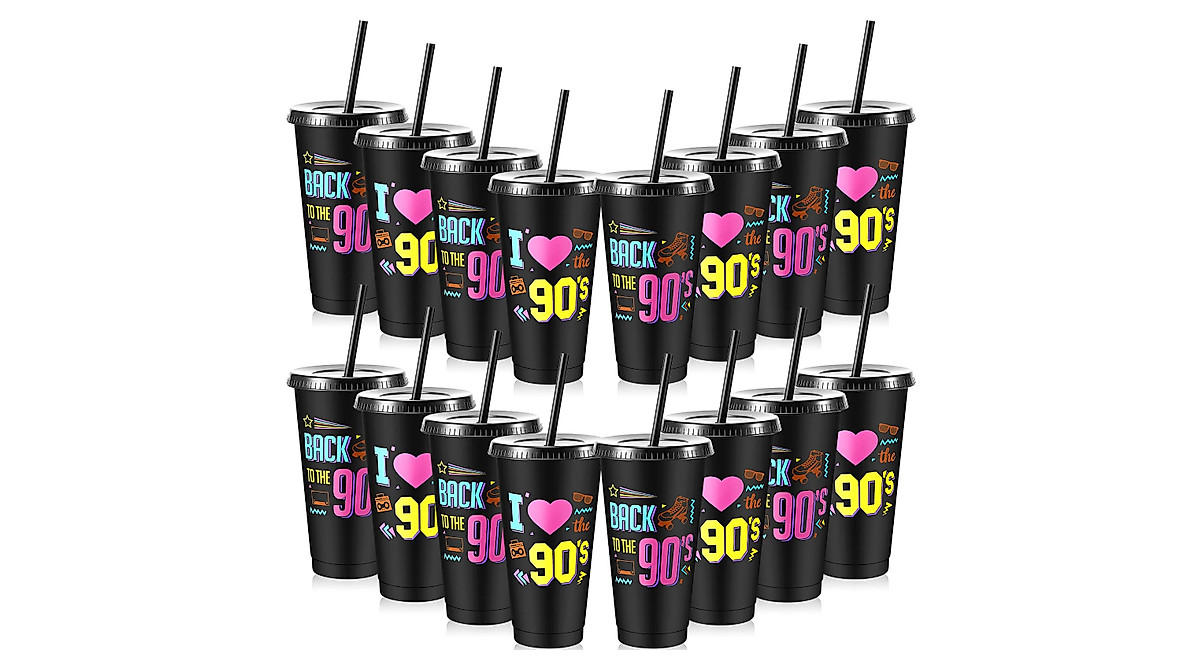 Uiifan 16 Pcs 90's Themed Reusable Cups with Lids & Straws