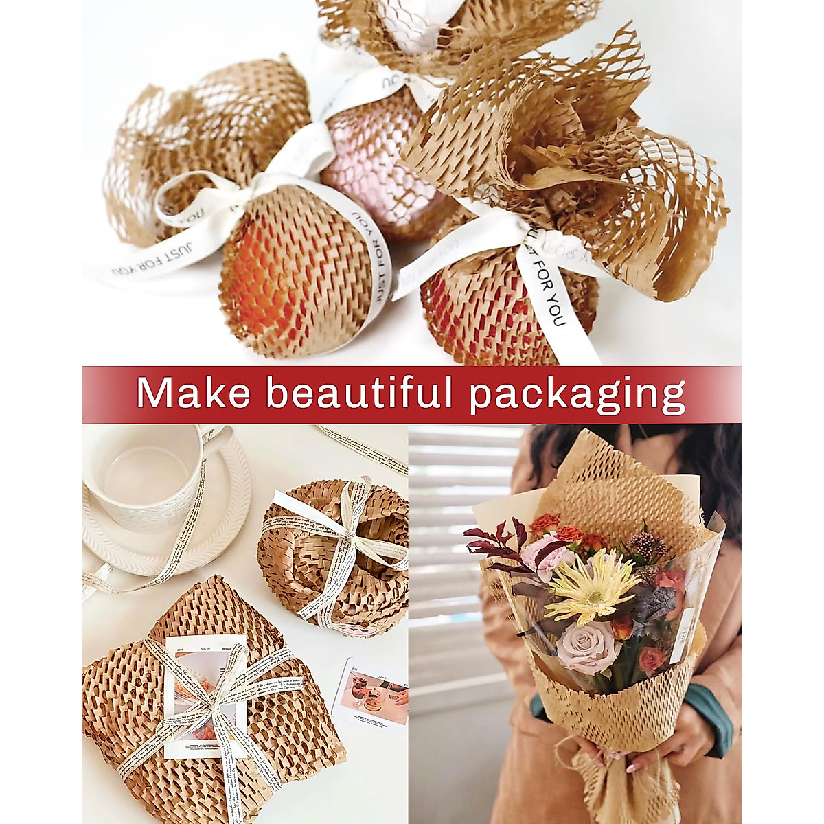 Honeycomb Packing Paper Wrap 15” x 315’, Brown Recycled Moving Supplies Eco-Friendly Bubble Paper Packing Wrapping for Fragile Items, Glassware, Ceramics, Electronics and Decorations Packaged Bouquet