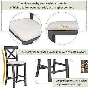 Merax 6-Piece Wooden Counter Height Rectangular Table Set with Bottom Shelf, 4 Chairs, and Padded Bench, Grey_Fabric Cushion