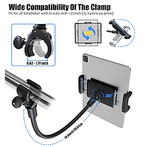 Charchendo Tablet Holder for Spin Bike, Universal Handlebar Phone Mount with Gooseneck for Stationary Exercise Bike, Elliptical, Compatible with iPad Pro/Air/Mini, Smartphones More Devices 4-13''