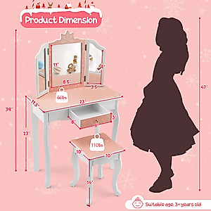 Costzon Kids Vanity Table and Chair Set, Girls Vanity Set with Mirror and Stool, Storage Drawer, Wooden Princess Makeup Dressing Table, Toddler Vanity, Pretend Play Vanity Set for Little Girls