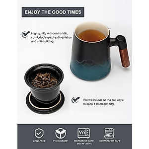 suyika Tea Cup with Infuser and Lid, 15.2 Ounce Wood Handle Ceramic Loose Leaf Tea Mug,Embossed Tea Steeping Mug for Gifts, Gradient Black&Green 450ml