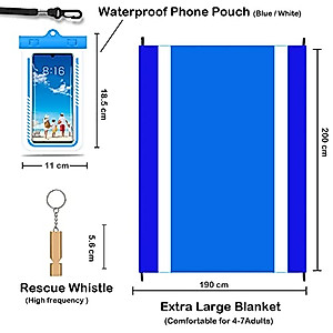 Gold Roc Sandless Beach Blanket & Waterproof Phone Pouch & Outdoor Survival Whistle, Extra Large Outdoor Picnic Mat, Pocket Camping Mat for Travel, Camping, Hiking (Blue, Large)