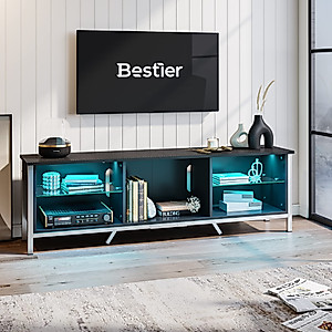 Bestier TV Stand with LED Light for 75 inch TV, Modern Gaming Entertainment Center with Detachable Glass Shelves for PS5 Black Carbon Fiber