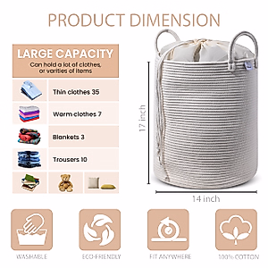 Woven Cotton Rope Basket Laundry Hamper with Dust Cover, Multi-Functional Storage for Clothes, Blankets, Toys, for Nursery, Bathroom, Bedroom, Dorms - Collapsible, Large, 14”x14”x17”, White