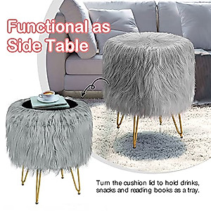 GREENSTELL Vanity Stool Chair with Storage, 15.75" W x 19.29" H Round Faux Fur Ottoman with 4 Metal Legs, Furry Padded Seat, Modern Multifunctional Makeup Stool for Bedroom Living Room Grey
