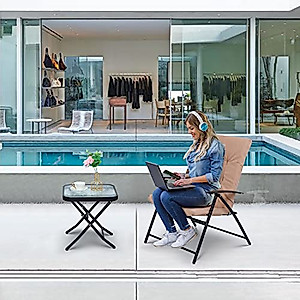 JOYTIO 3-Piece Folding Patio Bistro Dining Set, Outdoor Dining Furniture Set with 2 Folding Reclining Chairs with Cushion and 1 Folding Glass Table - Beige