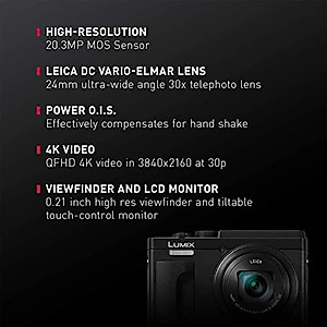 Panasonic LUMIX ZS80D 4K Digital Camera, 20.3MP 1/2.3-inch Sensor, 30X Leica DC Vario-Elmar Lens, F3.3-6.4 Aperture, WiFi, Hybrid O.I.S. Stabilization, 3-Inch LCD, DC-ZS80DK (Black)