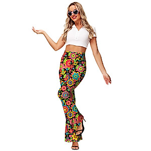 Flare Pants for Women Floral Bell Bottom 70s Hippie Pants High Waist Groovy Boho Yoga Pants XS