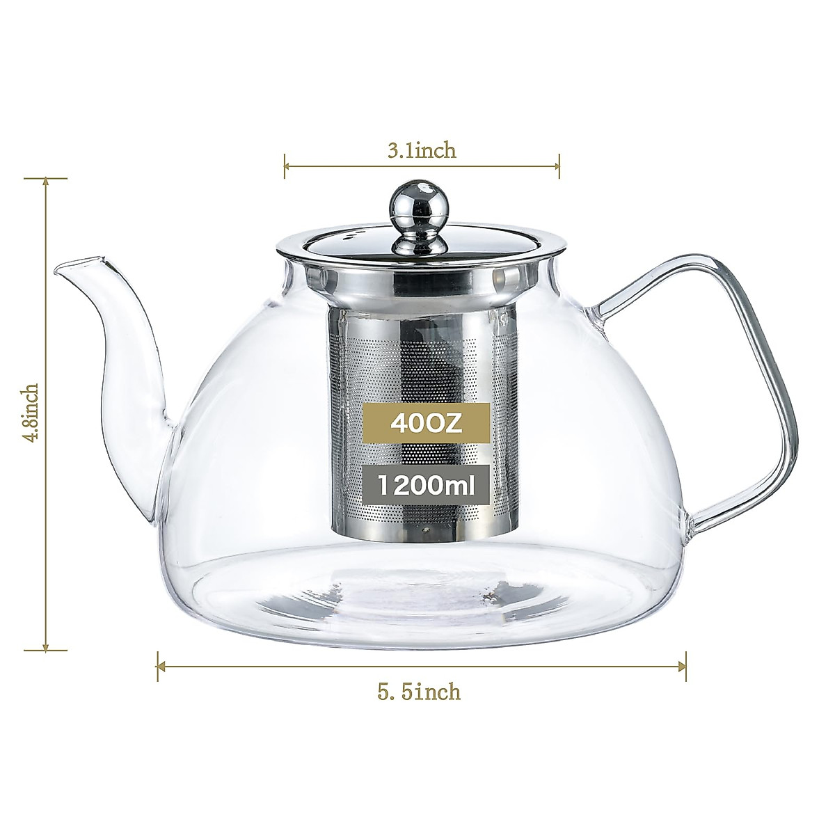 Wlasss Glass Teapot with Stainless Steel Removable Infuser (1200 ml/40 oz), Glass Tea Kettle Stovetop Safe for Blooming and Loose Leaf Tea