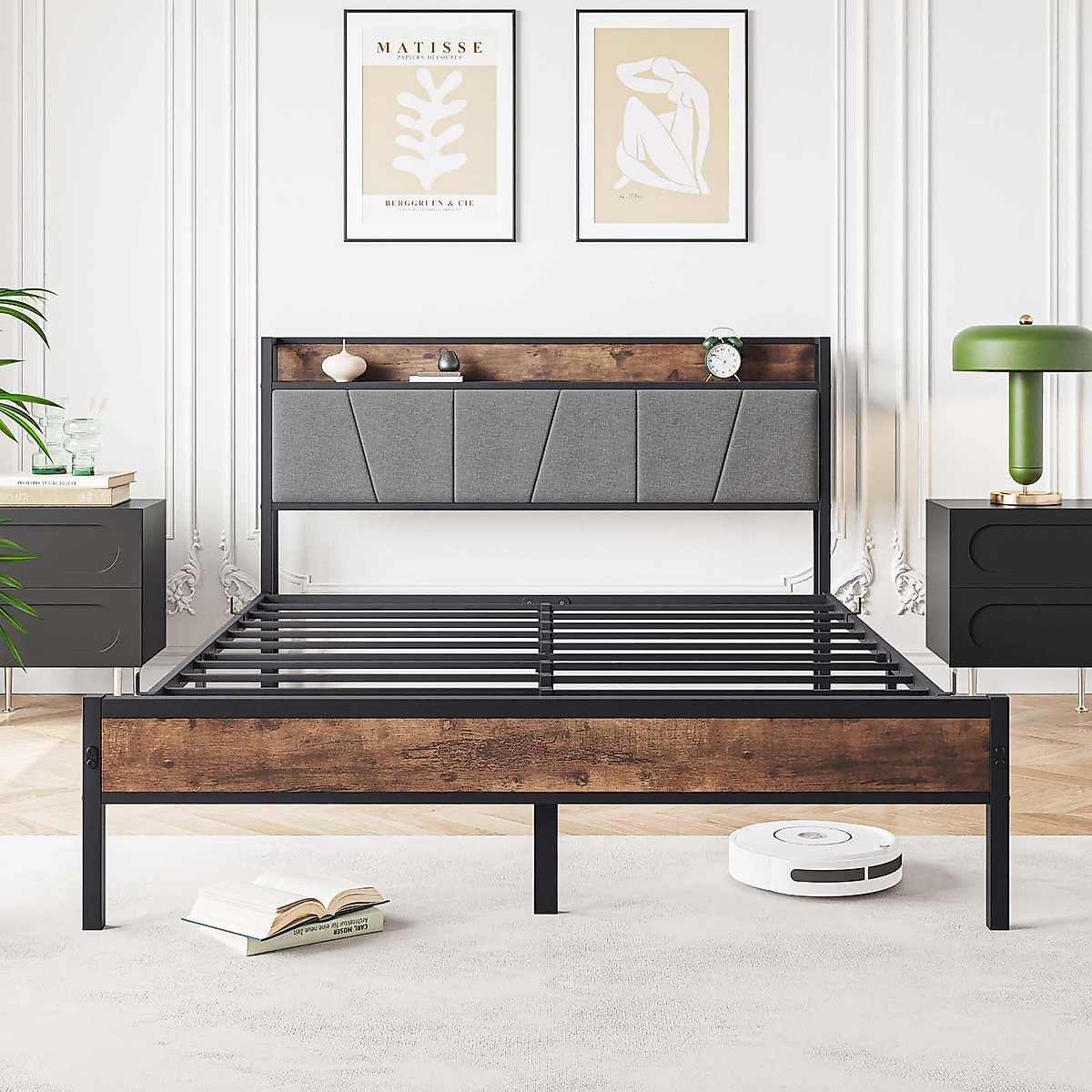 Shuoya Jewelry Queen Size Metal Platform Bed Frame with Storage and Charging Station Headboard, Heavy Duty Steel Slated Support, No Box Spring Needed, Noise-Free, Easy Assembly, Rustic Brown (Queen)