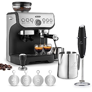 Zulay Kitchen Magia Manual Espresso Machine with Grinder and Extra Large 2L Removable Water Tank and Milk Frother with Complete Set