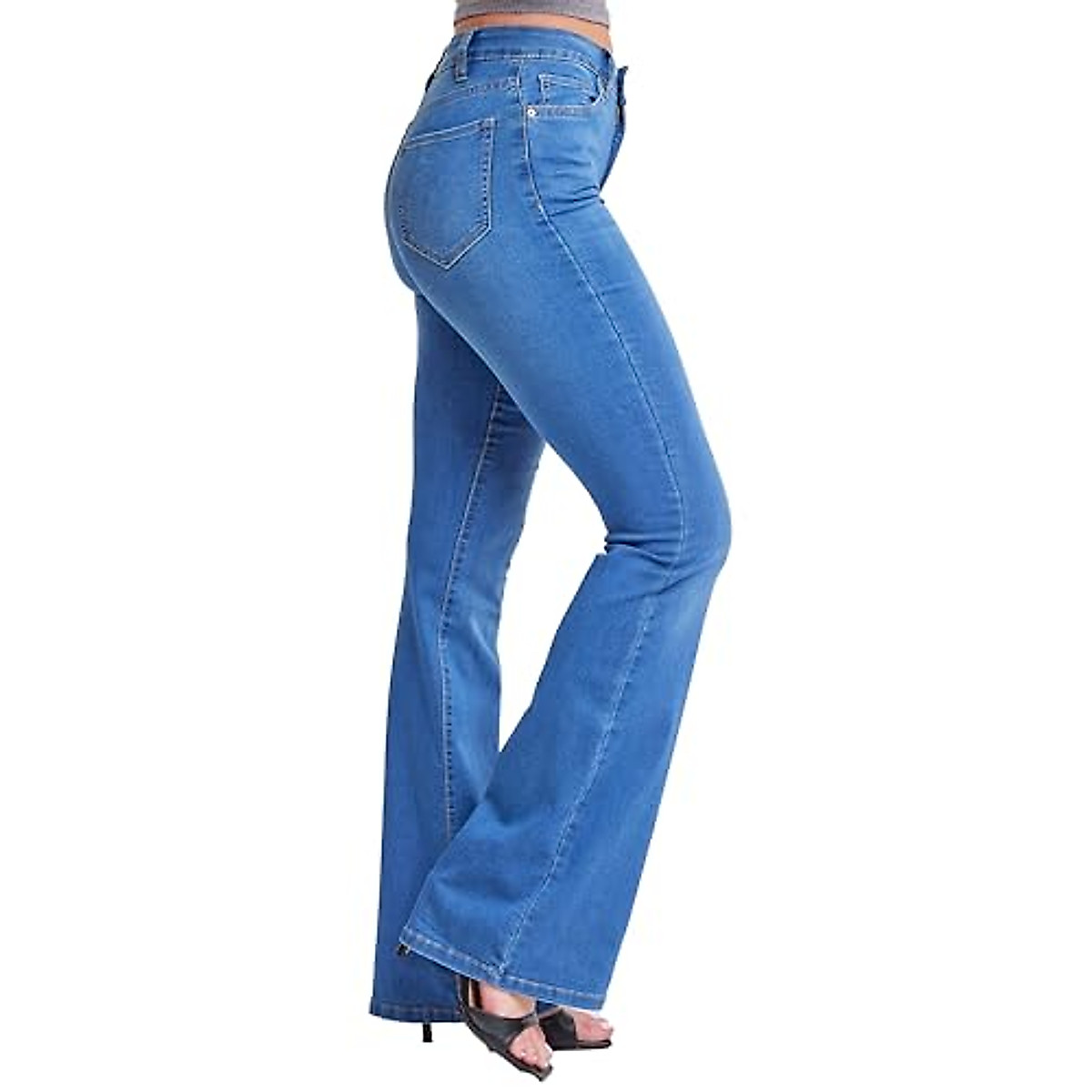 YMI Womens Hyper Denim Basic 5 PKT 1 BTN HR Flare Long Inseam, M08, XL