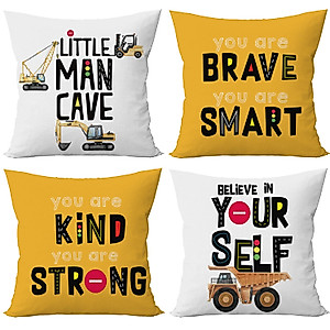 Yuzi-n Construction Trucks Pillow Cases Construction Room Decor for Boys Room Construction Pillow Covers for Toddler Boy Room Bedroom Playroom Nursery, 18 x 18 Inch Set of 4,White Yellow-Trucks Man