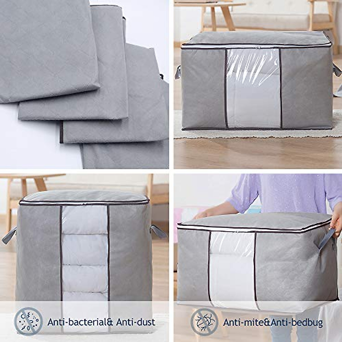 Daily Treasures Extra Large Blanket Bags, 4Pcs Fabric Clothes Storage Bags - with Clear Window & Reinforce Handles, Perfect for Blankets, Comfoters, Sweater Storage(Grey)