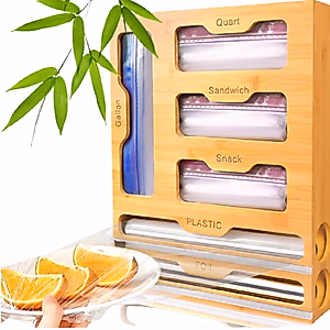Bamboo Ziplock Bag Organizer - Foil and Plastic Wrap organizer with cutter - Holds up to 12” rolls - Baggie Organizer for Gallon, Quart, Sandwich, Snack Bags - Kitchen Organization - Drawer organizer