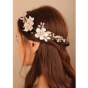 Kercisbeauty Wedding Bridal Gold Headband Women and Girls Flower Hair Piece for Special Occasion Photo Shoot Hair Vine Jewelry
