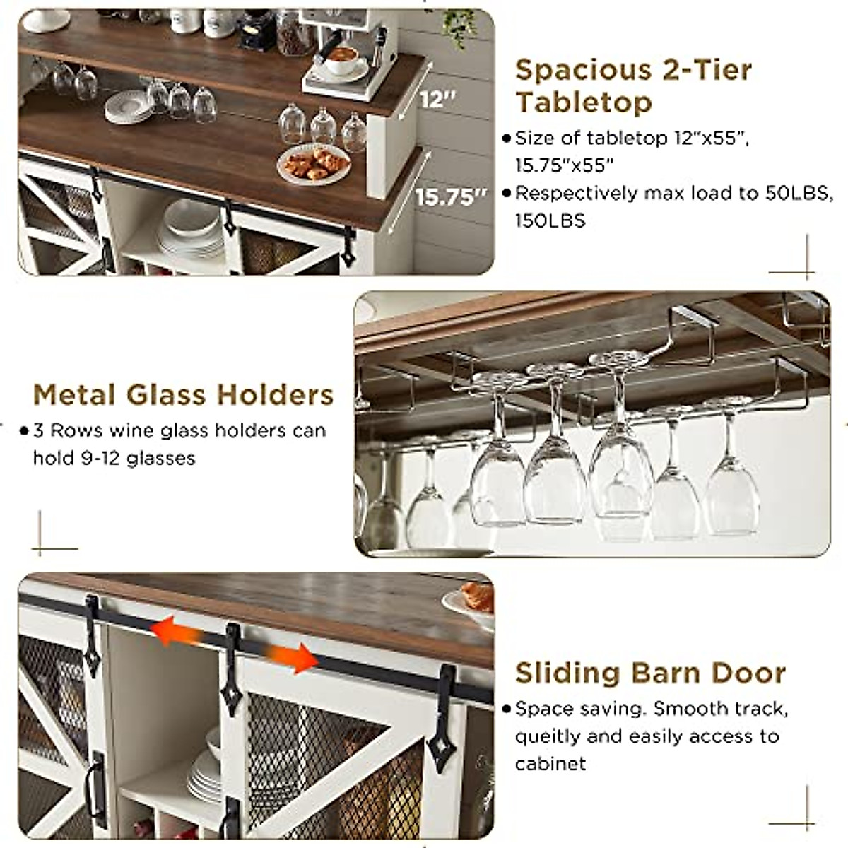 OKD Coffee Bar Cabinet with Storage, 55" Farmhouse Kitchen Buffet Sideboard w/Sliding Barn Door & Adjustable Shelves, Home Liquor Cabinet w/LED Lights & Wine Racks for Dining Room, Antique White