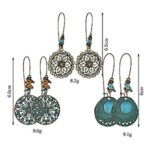 LQJstore Ethnic Earring Retro Green Pine Carved Water Drop Hollow Earrings Boho Earrings Geometric Dangle Earrings (B)