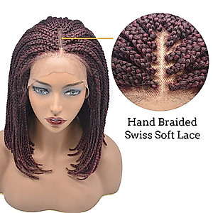 Curve Hair 3“X3.8 Realistic Hand Tied Lace Front Box Braids Glueless Wig for Women Premium Quality Synthetic Lightweight Twist BOB Braided Wigs with Baby Hair Black Mix Wine Red Color (#1B/99JT)