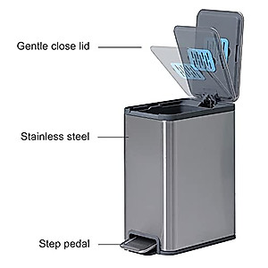 ELPHECO 1.3 Gallon / 5 Liter Rectangular Step Trash Can with Plastic Inner Buckets, Brushed Stainless Steel Narrow Bathroom Trash Can with Lid, Slim Bathroom Wastebasket with Foot Pedal, Brushed Silver