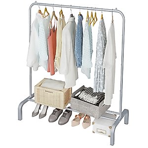 JIUYOTREE Metal Clothing Rack 43.3 Inches Clothes Garment Coat Rack with Bottom Shelf Clothing Rack for Hanging Clothes Coats Skirts Shirts Sweaters Silver Gray